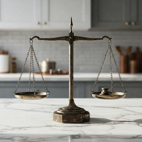 Antique Scales with a Kettlebell on a Marble Table. Stock Photo - Image ...