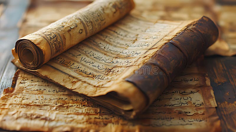 Antique Scroll and Book on Table, Arabic Script, Aged Paper, History ...