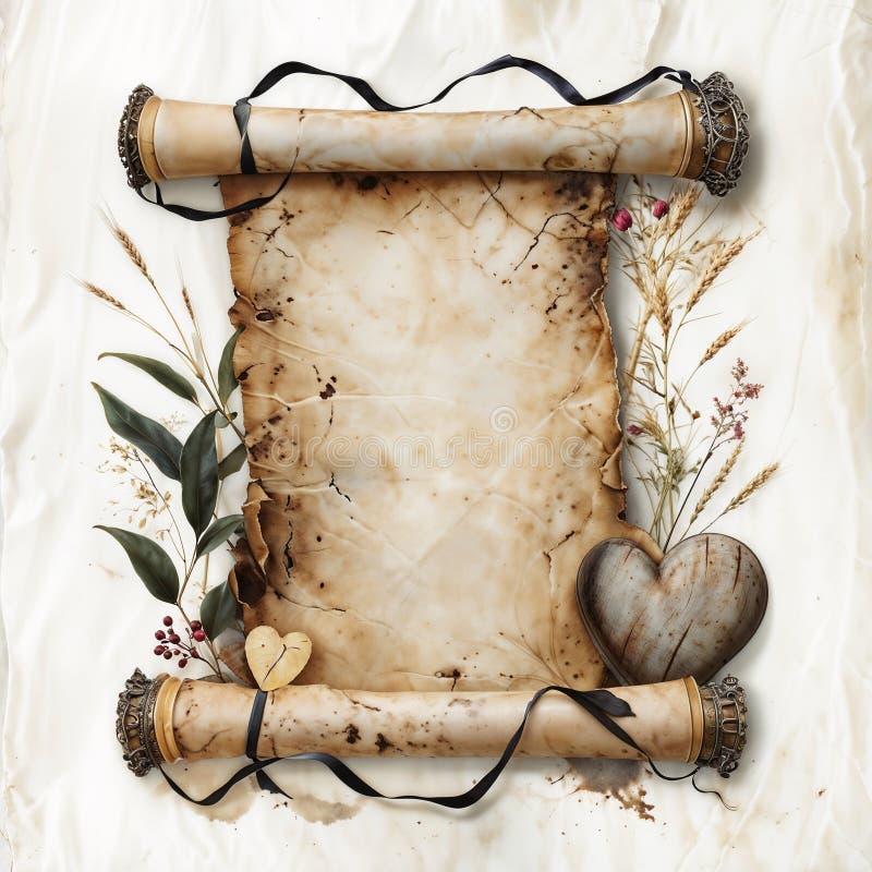 Vintage Scroll with Heart Shape and Decorative Elements on Parchment ...
