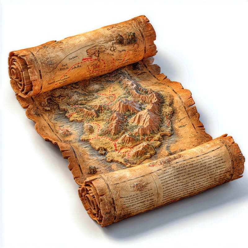Antique Scroll with Raised Terrain and Marked Path Visible Stock ...