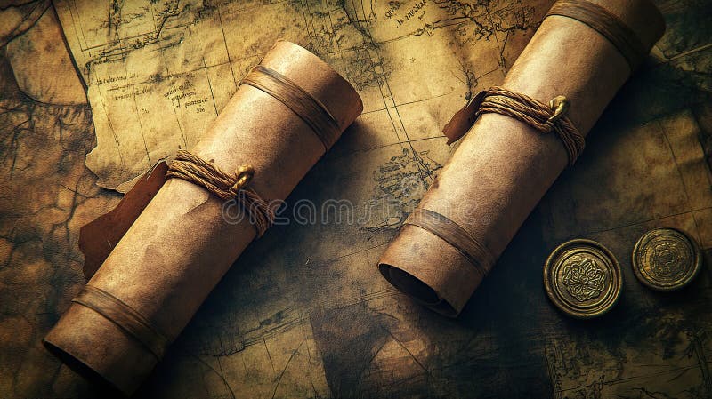 Antique Scrolls, Map, Coins; Adventure, History Stock Image - Image of ...
