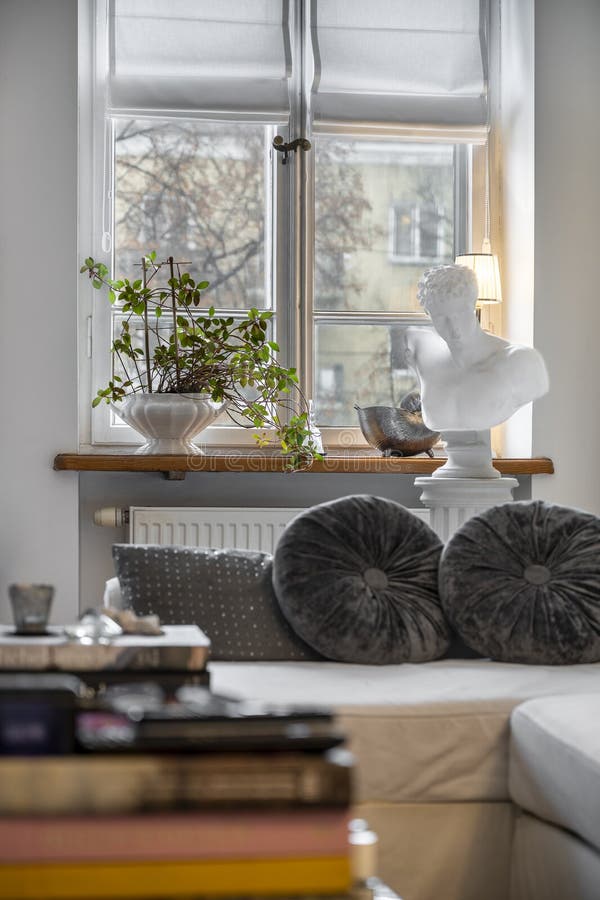 Antique Sculpture in Post Modern Interior Stock Photo - Image of living ...