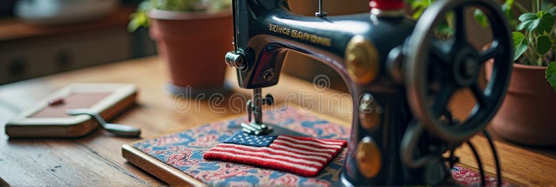 Antique Sewing Machine with American Flag Patch on Wooden Table Stock ...
