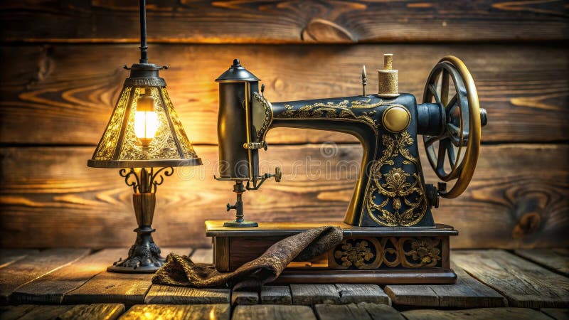 Antique Sewing Machine and Ornate Lamp on Rustic Wooden Surface ...