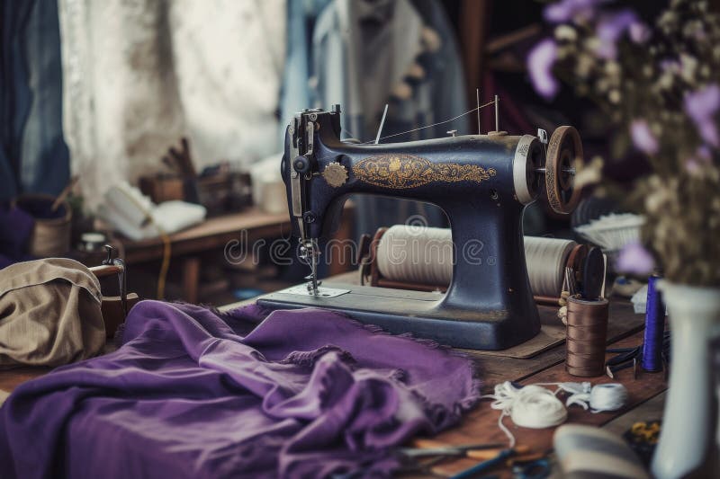 An Antique Sewing Machine is Ready To Work on the Table Stock ...