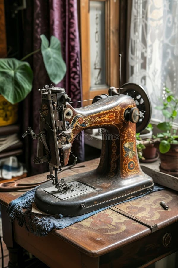 An Antique Sewing Machine is Ready To Work on the Table Stock ...