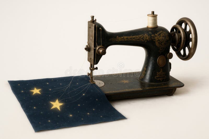 An Antique Sewing Machine Sews the Sky with Stars. Stock Image - Image ...