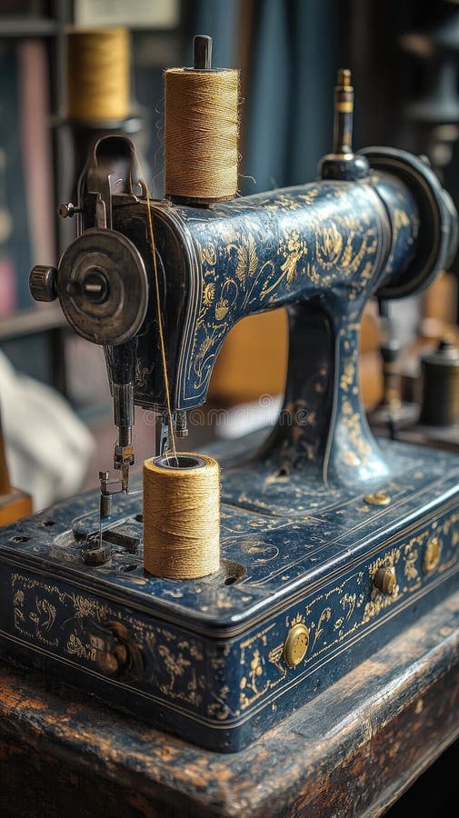 Antique Sewing Machine Standing on Wooden Desk in Workshop Stock ...