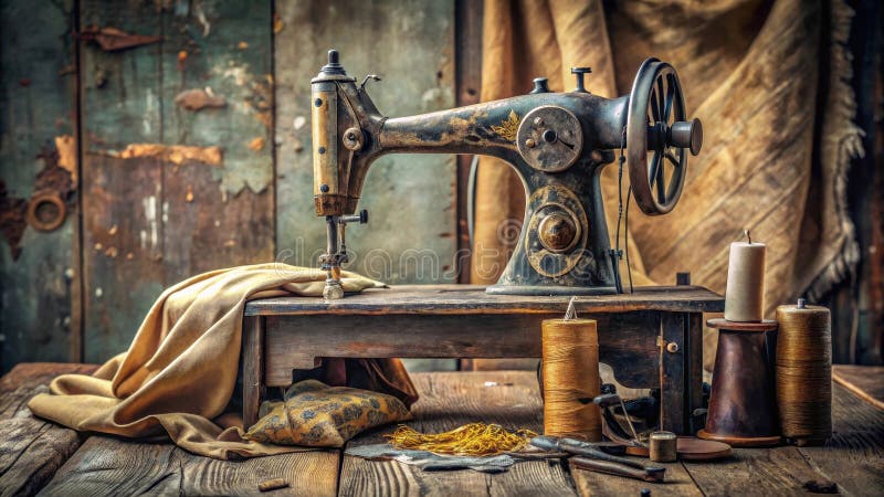 Antique Sewing Machine Still Life Rustic Wooden Tabletop with Fabric ...