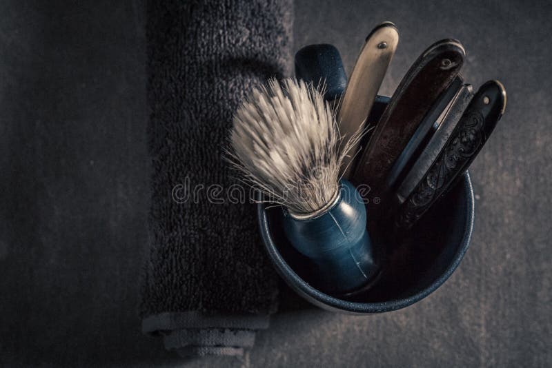 Antique Shaving Set with Foam, Old Razor and Brush Stock Photo - Image ...