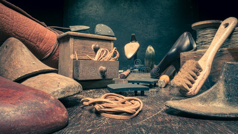Antique Shoemaker Workshop with Tools, Laces and Shoes Stock Image ...