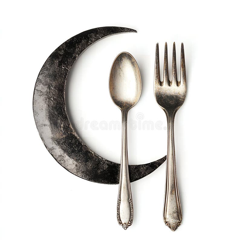 Antique Silver Spoon and Fork on Crescent Moon Shaped Plate Ramadan ...