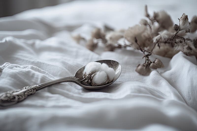 Antique Silver Spoon Nestled in Bed of Fluffy White Cotton Stock ...