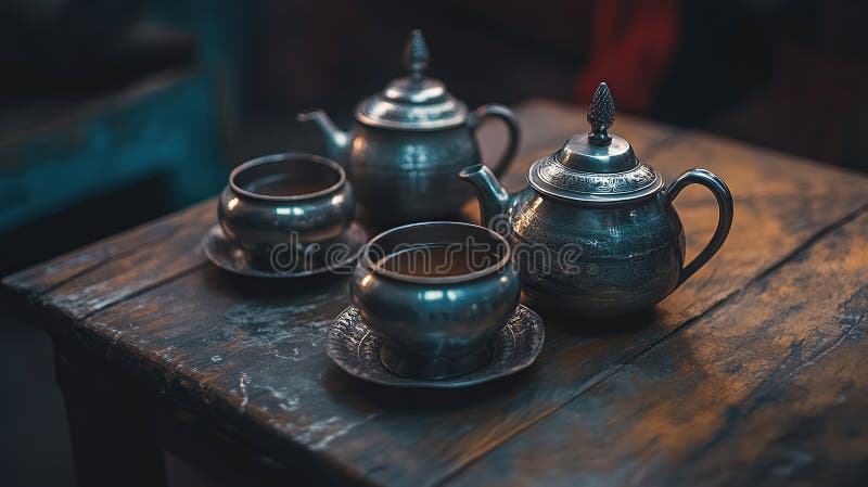Antique Silver Tea Set on Rustic Table, Dimly Lit Room Stock Photo ...
