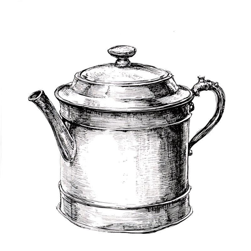 Antique Silver Teapot, Detailed Ink Drawing Stock Illustration ...