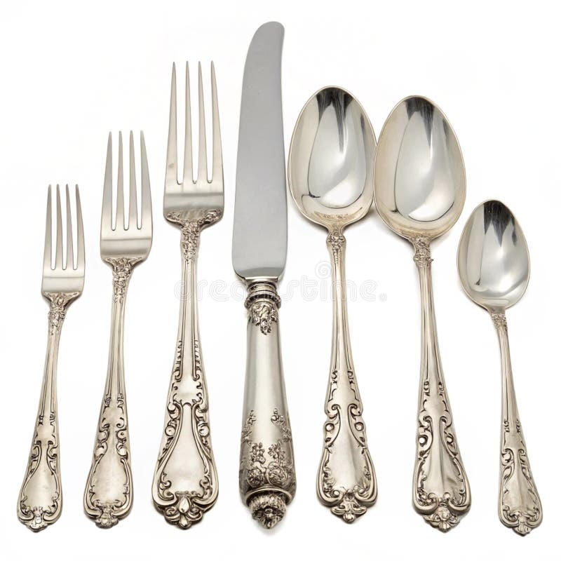 Antique Silverware Set Isolated on White Background Stock Illustration ...