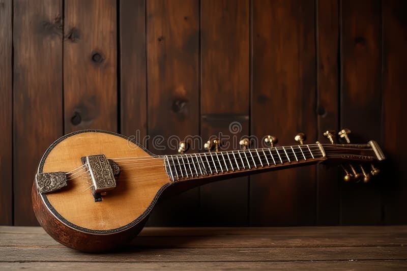 Antique Sitar Showcase on Wooden Background Stock Illustration ...