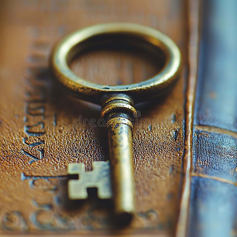 Antique Skeleton Key Rests on Aged Leatherbound Book, Symbolizing ...