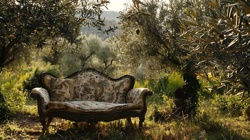Antique Sofa in an Olive Grove Stock Illustration - Illustration of ...