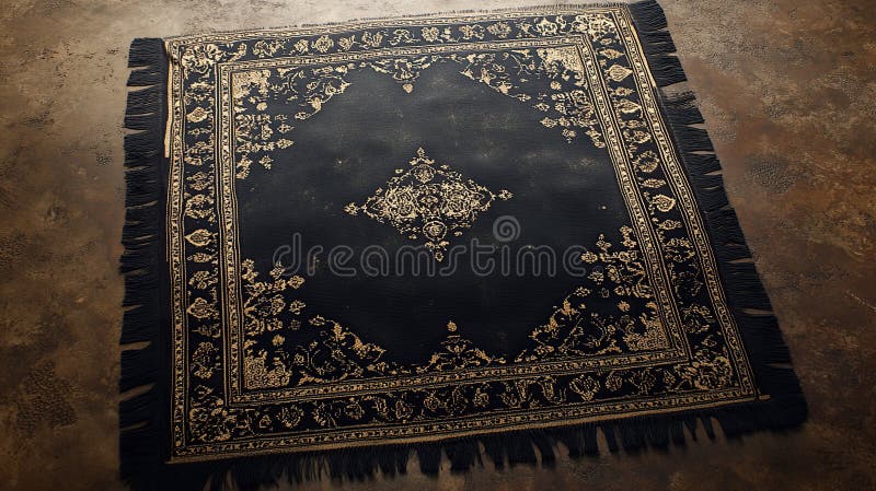 Antique Square Patterned Rug with Dark Background and Gold Detailing ...