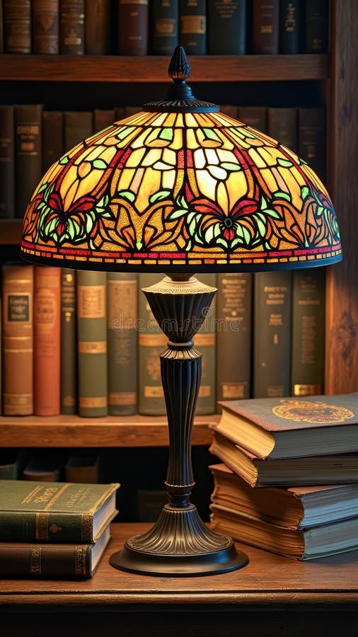 Antique Stained Glass Lamp in Classic Library Setting Stock ...