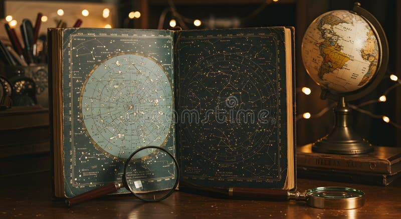Antique Star Chart Book and Globe: a Celestial Study in Warm Lighting ...