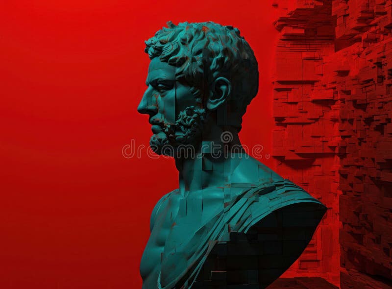Antique Statue Bust on a Bright Red Abstract Background Portrait Close ...