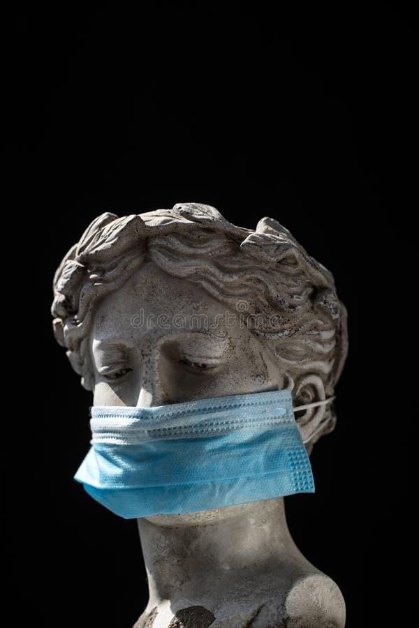 Antique Statue Head in a Protective Mask Stock Image - Image of fever ...