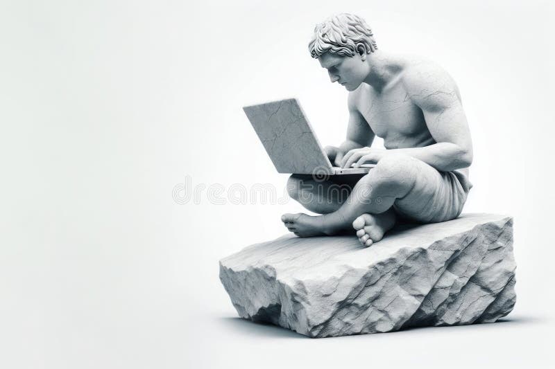 An Antique Statue of a Man is Working at a Laptop, Sitting on a Stone ...