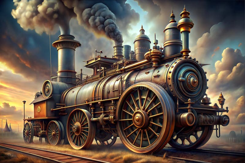 Antique Steampunk Railway Engine Featuring Copper Pipes and Cogs Stock ...