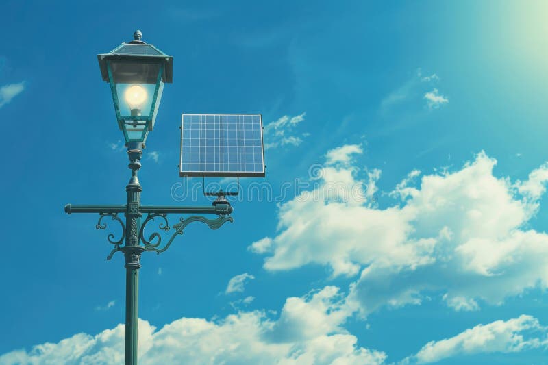 Antique Street Lamp Illuminated with Solar Panel Under Blue Sky with ...