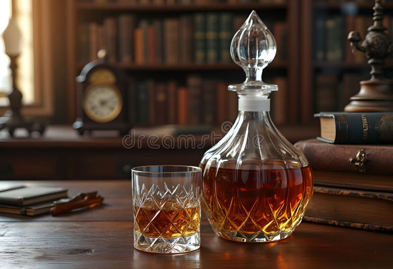 Antique Study Setting with Whiskey Decanter, Old Books, and Clock Stock ...