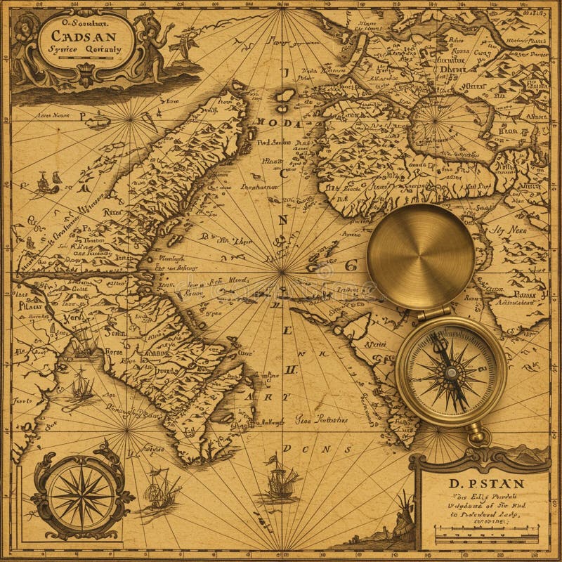 Antique Style Map with a Compass Overlay. the Map Features Intricately ...