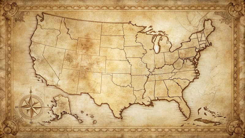 Antique Style Map of the United States with Compass Rose. Generative AI ...