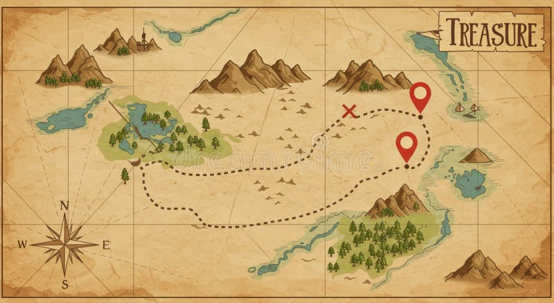 Antique-style Treasure Map Featuring Mountainous Terrain, Forests, and ...