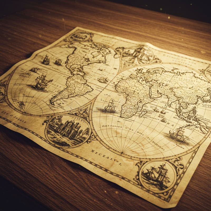 Antique-style World Map Displayed on a Wooden Surface. the Map Features ...