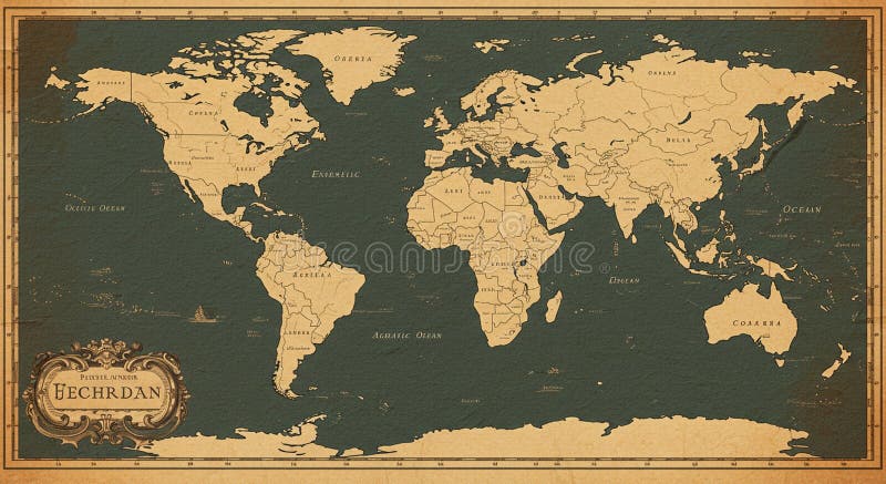 Antique-style World Map Featuring Continents with an Aged, Parchment ...