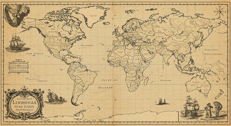An Antique-style World Map Featuring Continents and Oceans Labeled with ...