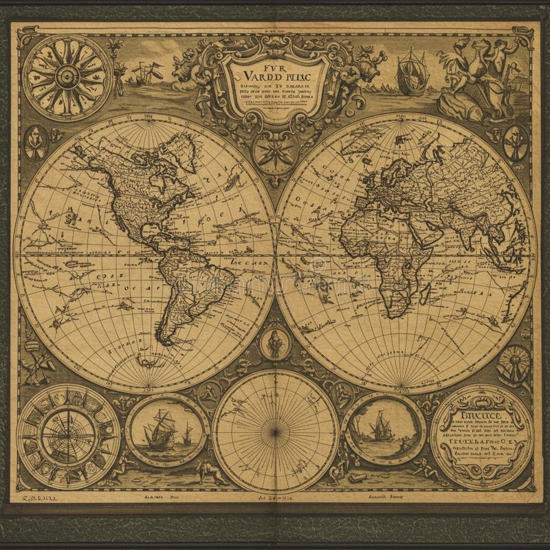 Antique-style World Map Featuring Two Hemispheres. the Map Showcases ...