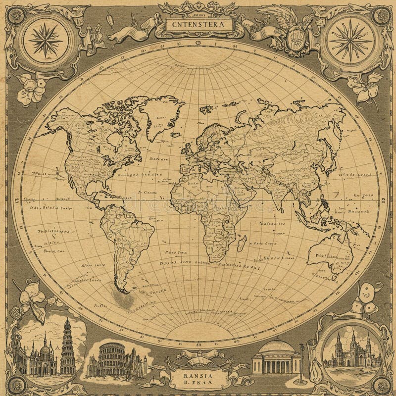Antique-style World Map with Intricate Borders and Decorative Elements ...