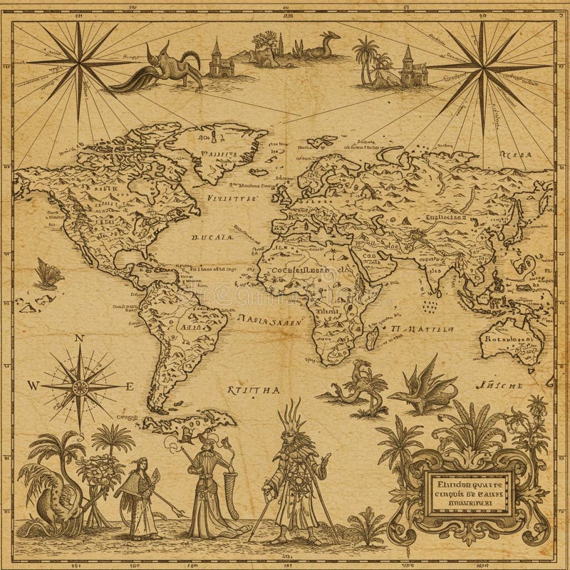Antique-style World Map with Mythical Elements and Illustrations ...