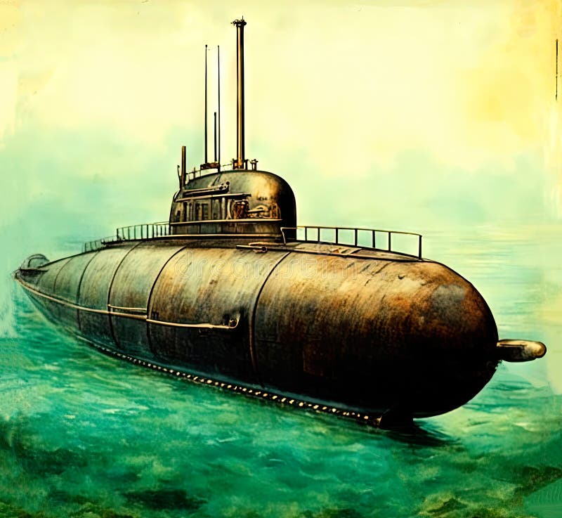 An Antique Submarine in the Style of an Old Postcard Stock Illustration ...
