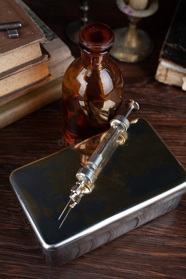 Antique Syringe on a Wooden Table Stock Image - Image of care, metal ...
