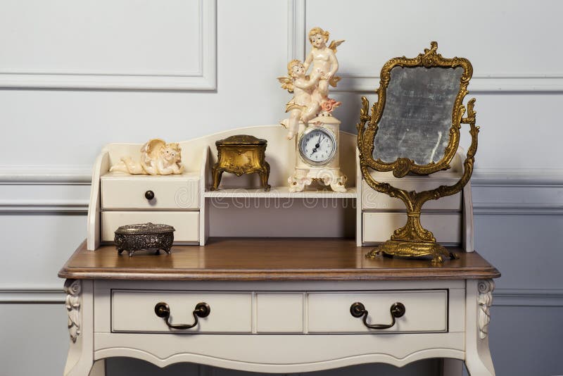 Antique table with items stock photo. Image of boudoir - 83942564