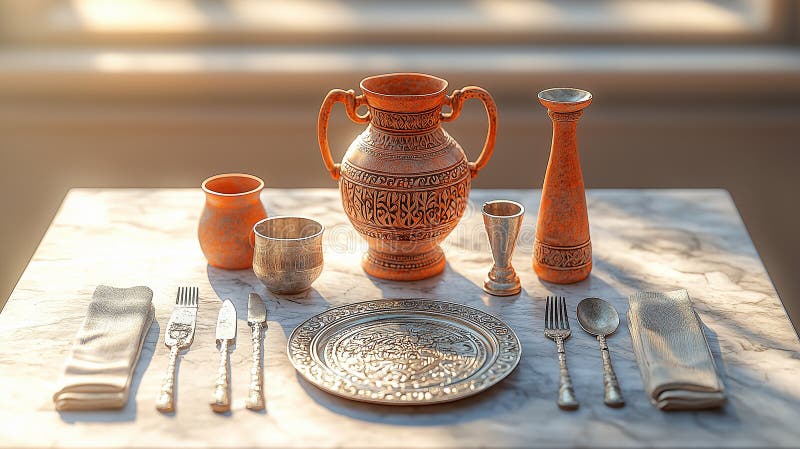 Antique Table Setting with Engraved Copper and Silver Utensils Stock ...