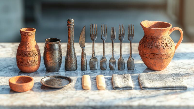 Antique Table Setting with Engraved Copper and Silver Utensils Stock ...