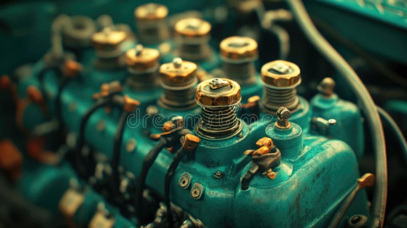 Antique Teal Engine with Brass Components and Valve Springs Stock Photo ...