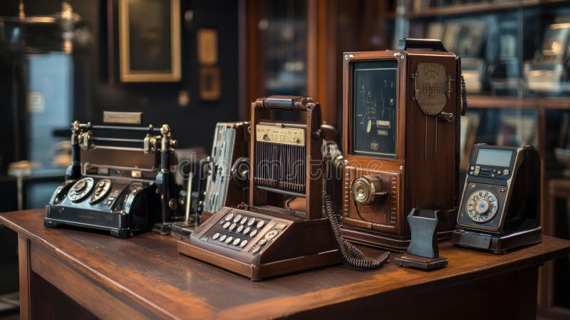 Vintage Communication Devices on Wooden Table Stock Illustration ...