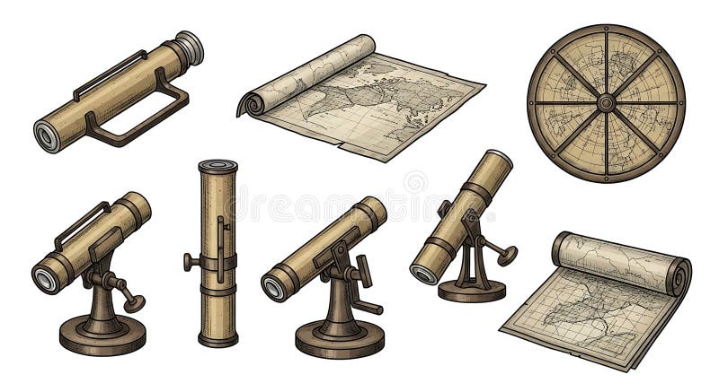 Antique Telescopes, Maps, and World Globe Compass Vector Illustration ...