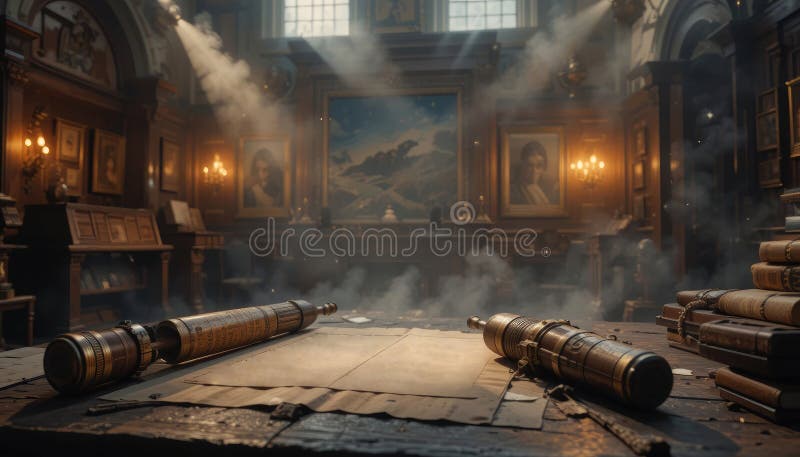 Antique Telescopes on Table with Map in Ornate Library Setting Stock ...